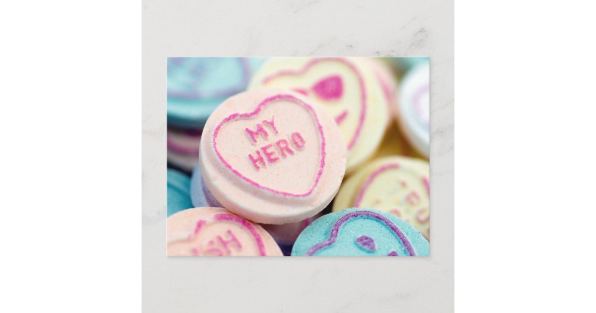 "My Hero" love heart sweets Postcard | Zazzle