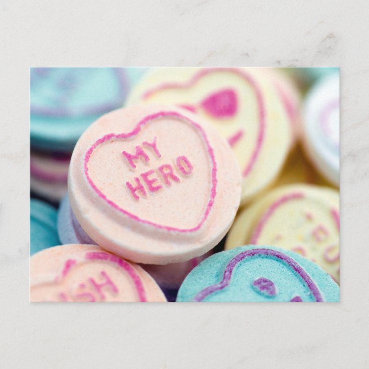 "My Hero" love heart sweets Postcard | Zazzle