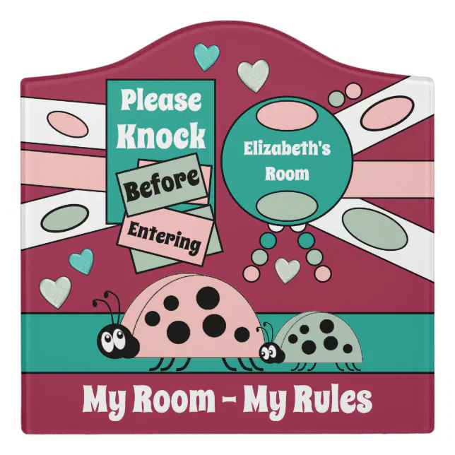 My room My rules ladybugs name kids pink Door Sign | Zazzle