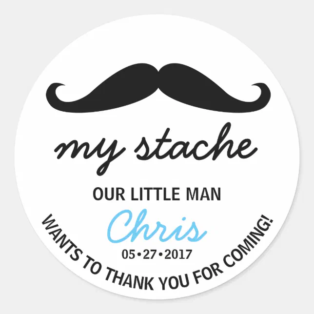 My Stache little man first birthday party Classic Round Sticker | Zazzle