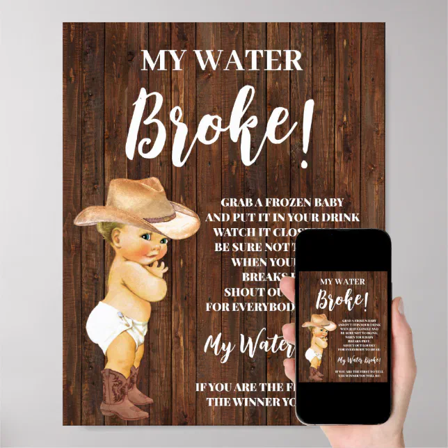 My Water Broke Little Cowboy Baby Shower Game Sign | Zazzle