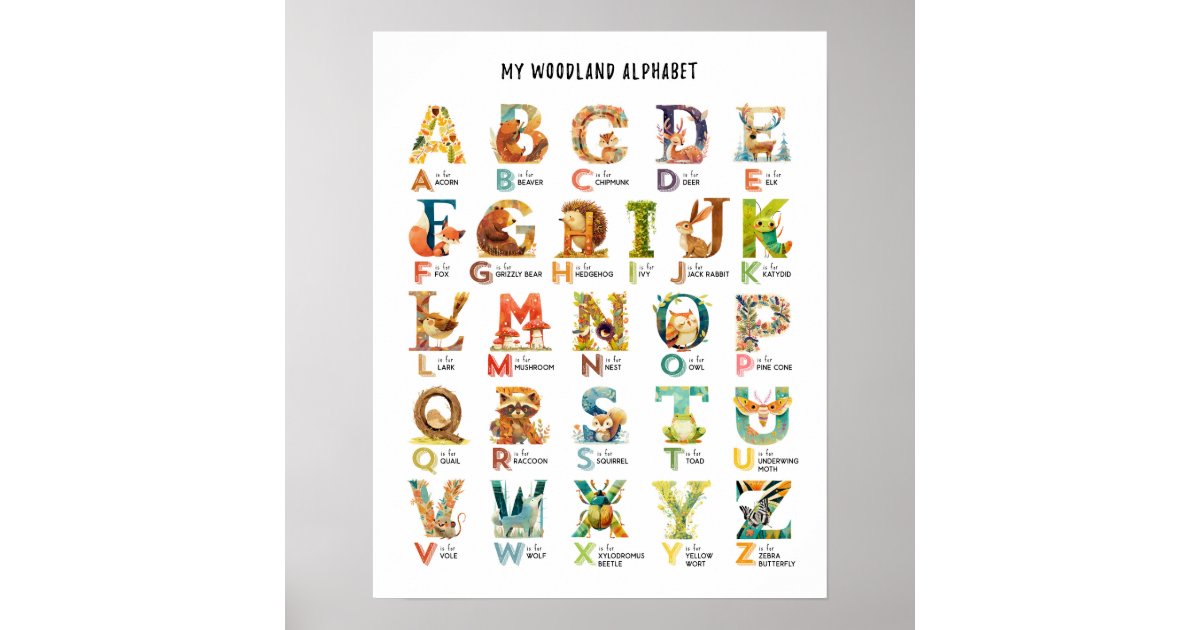 My Woodland Animal Alphabet Educational Poster | Zazzle