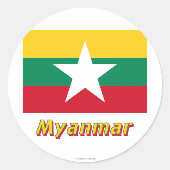 Myanmar Flag with Name Classic Round Sticker | Zazzle