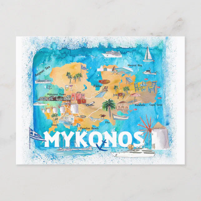 Mykonos Greece Illustrated Map with Main Roads Postcard | Zazzle
