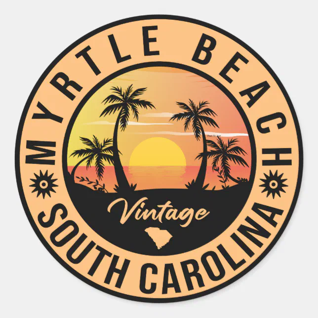 Myrtle Beach South Carolina Retro Sunset Souvenir Classic Round Sticker ...