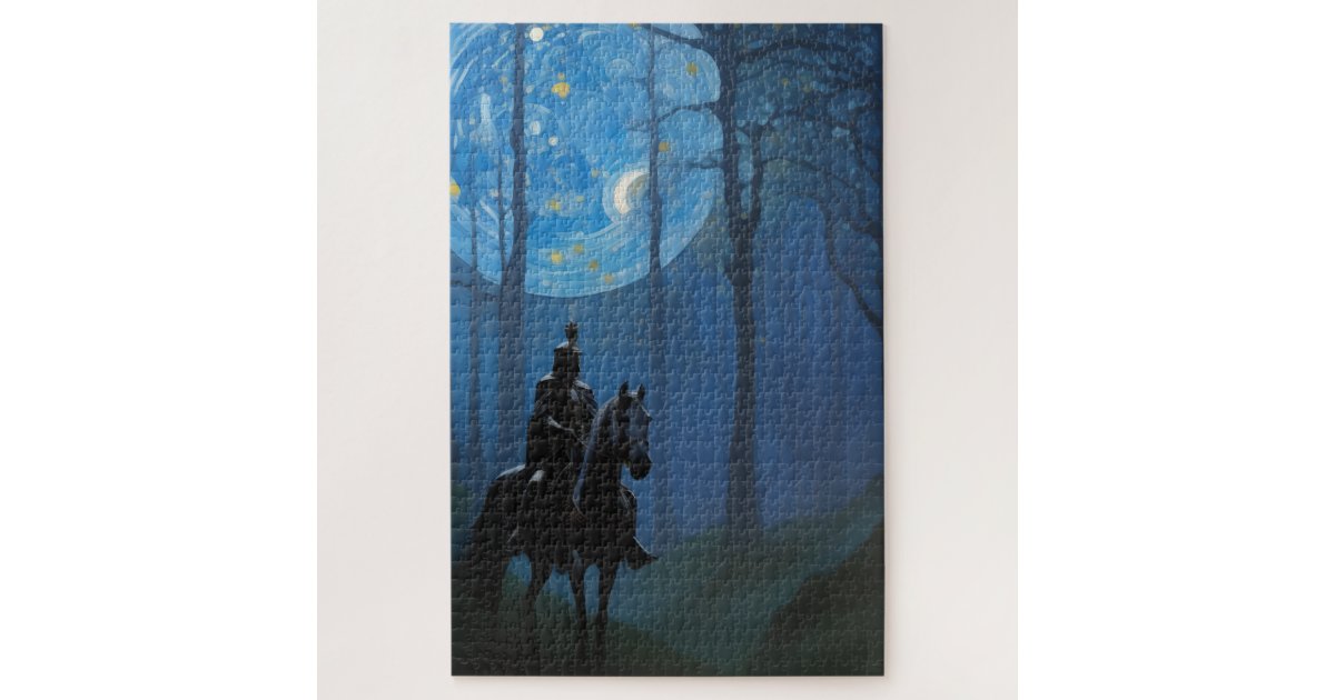 Mysterious Black Knight in the Moonlit Forest Jigsaw Puzzle | Zazzle