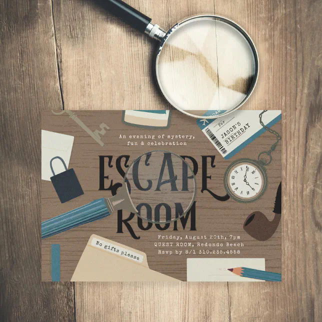 Mystery Escape Room Blue Birthday Invitation | Zazzle