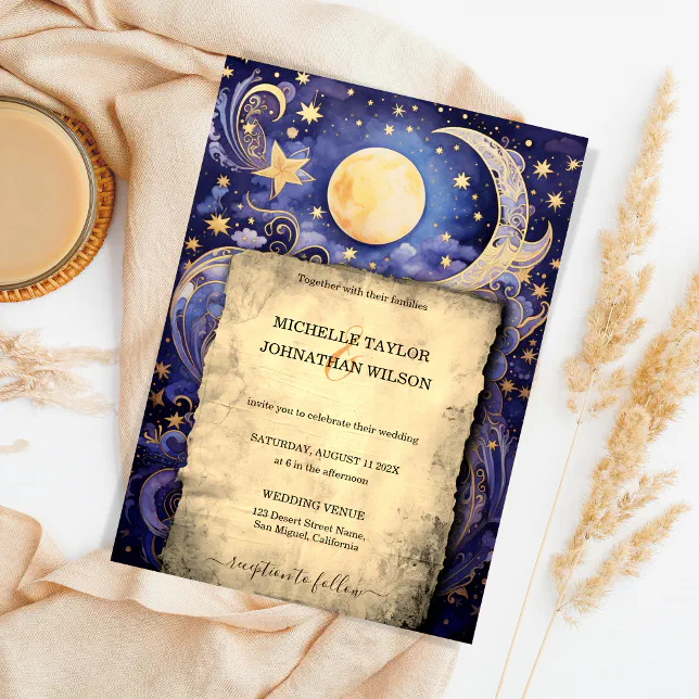 Mystic Celestial Midnight Blue Gold Stars Moon Invitation | Zazzle