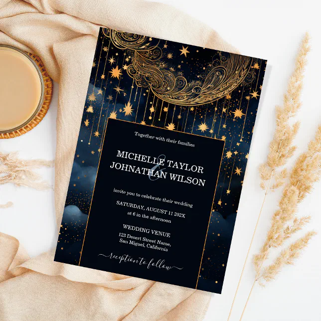 Mystic Celestial Midnight Blue Gold Stars Moon Invitation | Zazzle