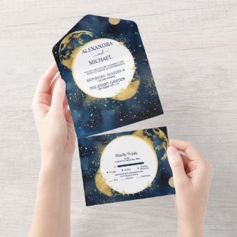 Mystic Midnight Blue and Gold Watercolor Wedding All In One Invitation ...