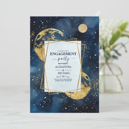 Mystic Midnight Blue Gold Watercolor Engagement Invitation | Zazzle