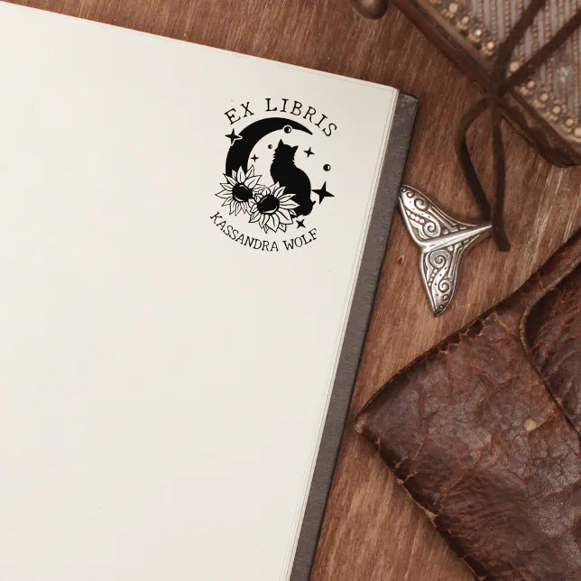 Mystic Moon Cat with Sunflowers, Ex Libris Book Rubber Stamp | Zazzle