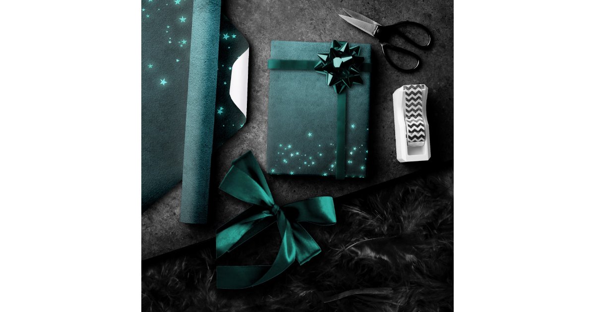 Mystic Twilight Stars | Deep Teal Green Neon Glow Wrapping Paper | Zazzle