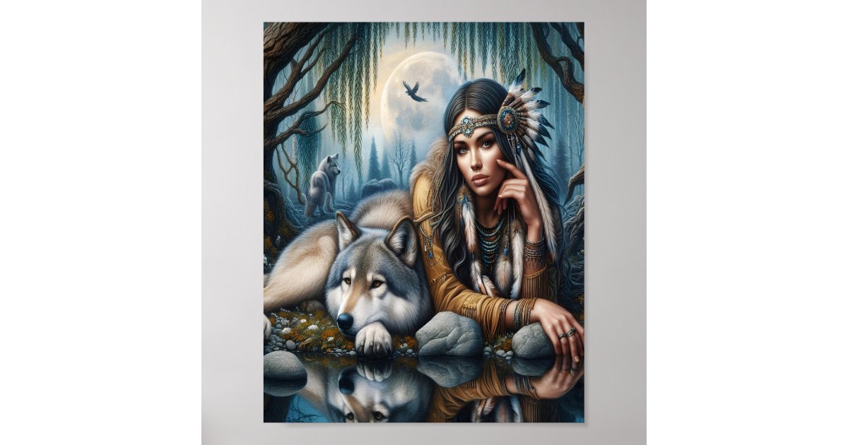 Mystical A Native American Woman With Wolves 10x8 Poster | Zazzle