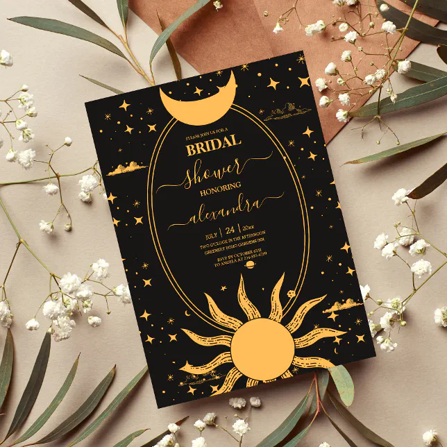 Mystical Black and Gold Sun Moon Bridal Invitation | Zazzle