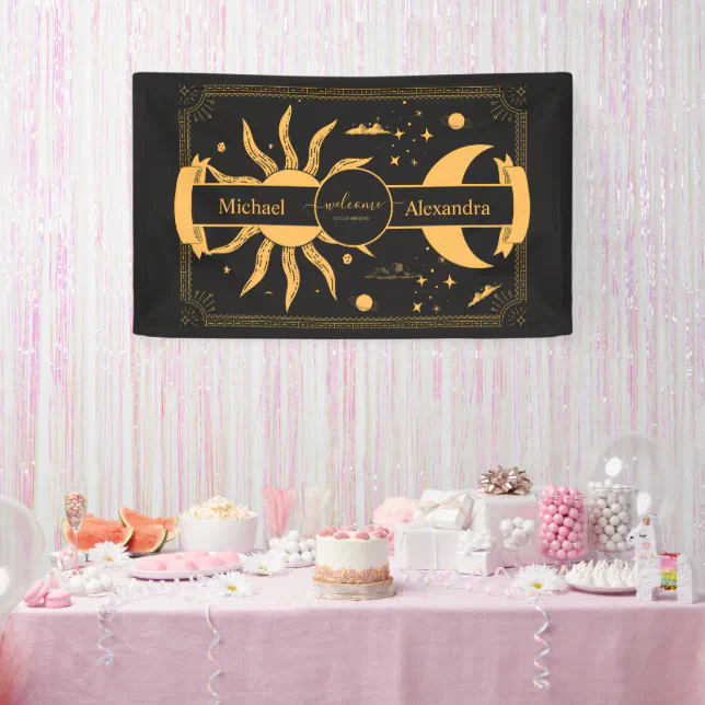 Mystical Black and Gold Sun Moon Wedding Banner | Zazzle