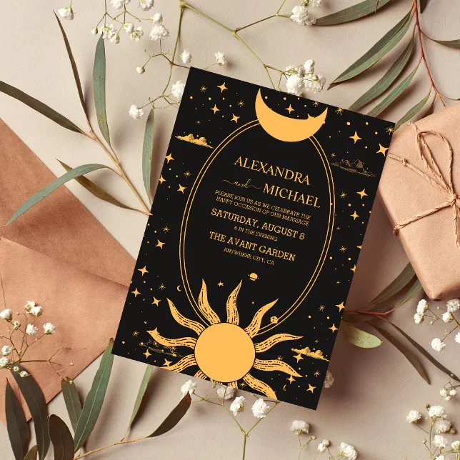 Mystical Black and Gold Sun Moon Wedding Invitation | Zazzle