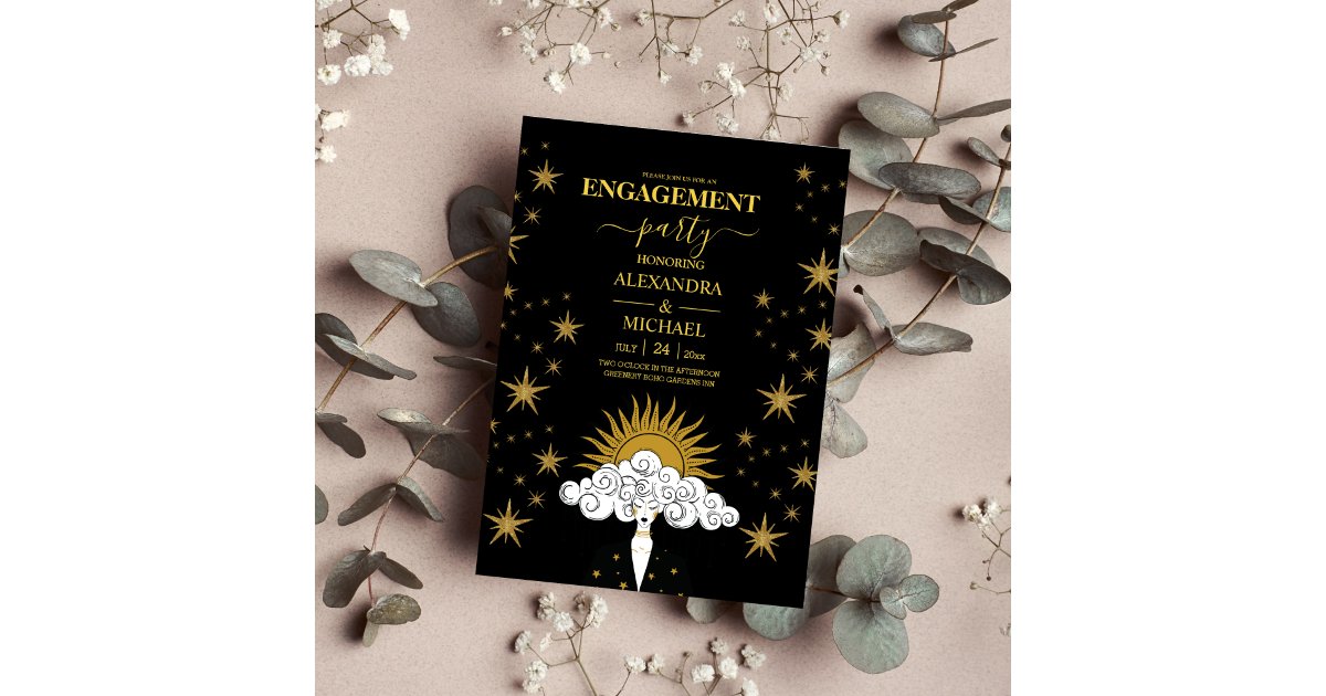 Mystical Black Gold Celestial Engagement Party Invitation | Zazzle