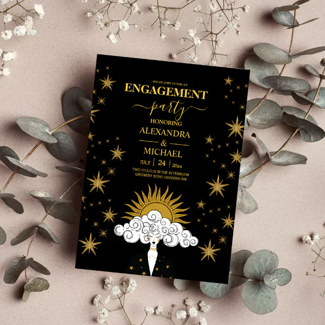 Mystical Black Gold Celestial Engagement Party Invitation | Zazzle