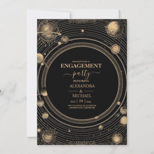 Mystical Black Gold Celestial Engagement Party Invitation | Zazzle