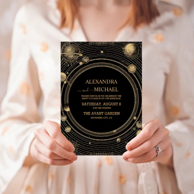 Mystical Black Gold Celestial Galaxy Wedding Invitation | Zazzle