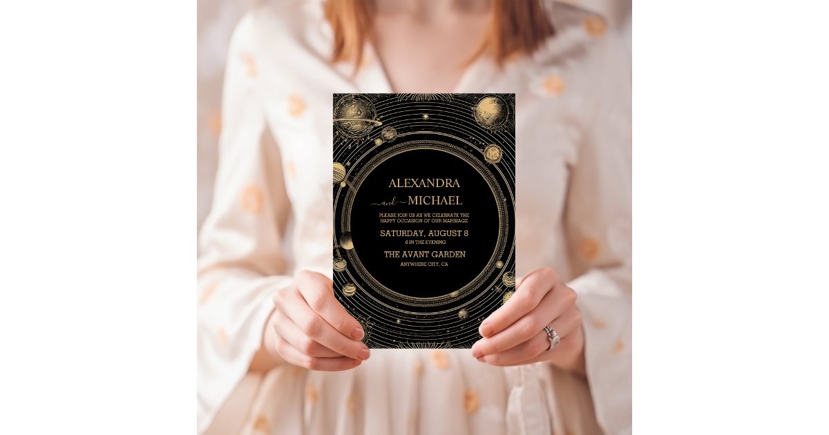 Mystical Black Gold Celestial Galaxy Wedding Invitation | Zazzle