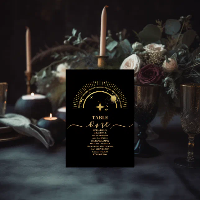 Mystical Black Gold Celestial Galaxy Wedding Table Number | Zazzle