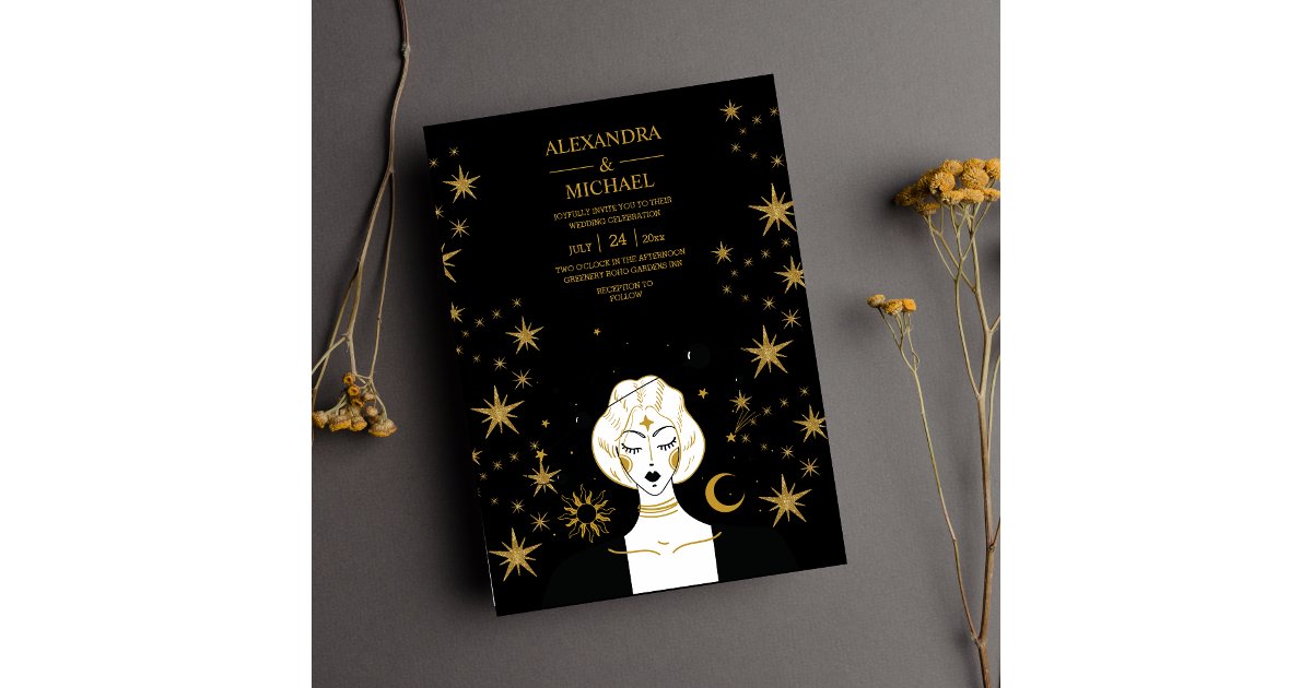 Mystical Black Gold Celestial Moon Wedding Invitation | Zazzle