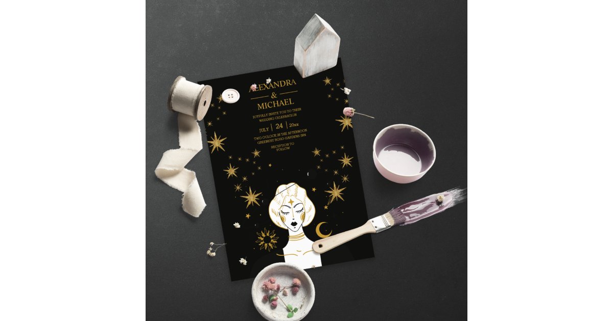 Mystical Black Gold Celestial Moon Wedding Invitation | Zazzle