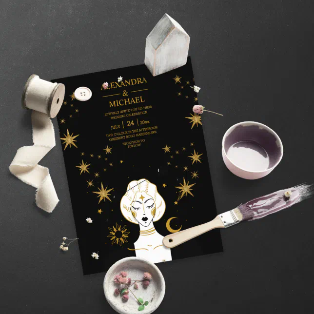 Mystical Black Gold Celestial Moon Wedding Invitation | Zazzle