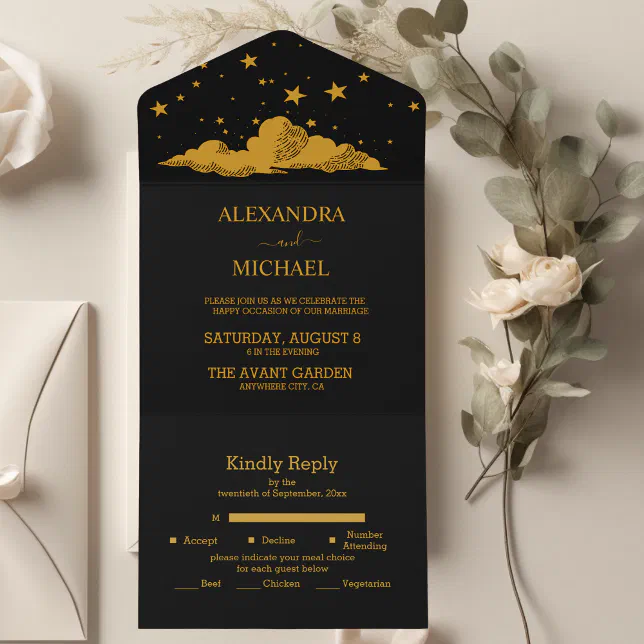 Mystical Black Gold Celestial Stars Wedding All In One Invitation | Zazzle