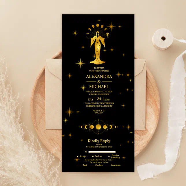 Mystical Black Gold Celestial Stars Wedding All In One Invitation | Zazzle