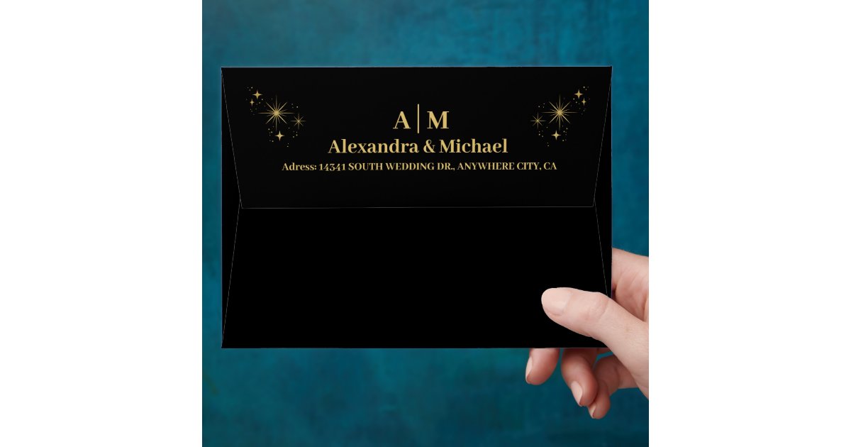 Mystical Black Gold Celestial Stars Wedding Envelope | Zazzle