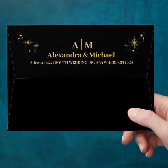 Mystical Black Gold Celestial Stars Wedding Envelope | Zazzle