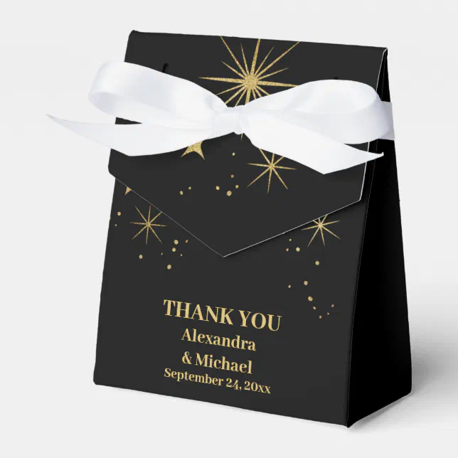Mystical Black Gold Celestial Stars Wedding Favor Boxes | Zazzle