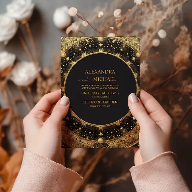 Mystical Black Gold Celestial Stars Wedding Invitation | Zazzle