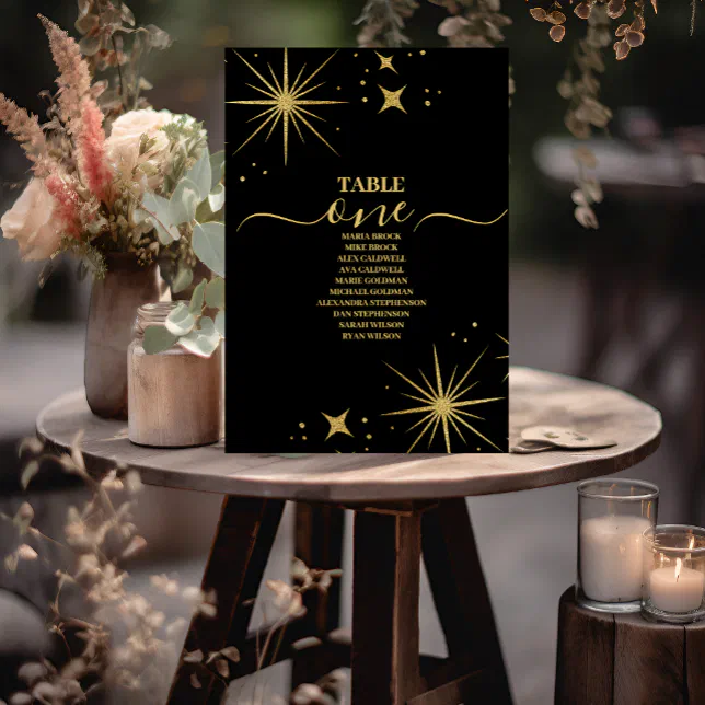 Mystical Black Gold Celestial Stars Wedding Table Number | Zazzle