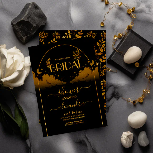 Mystical Black Gold Clouds Moon Bridal Invitation | Zazzle