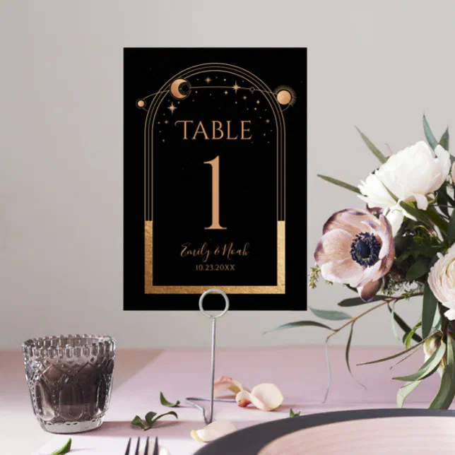 Mystical Black Gold Sun Moon Astronomy Wedding Table Number | Zazzle