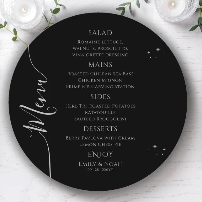 Mystical Black Silver Sun Moon Space Wedding Menu | Zazzle
