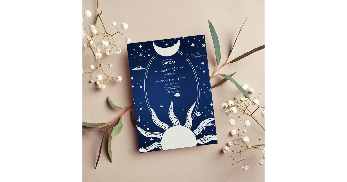 Mystical Blue and Silver Sun Moon Invitation | Zazzle