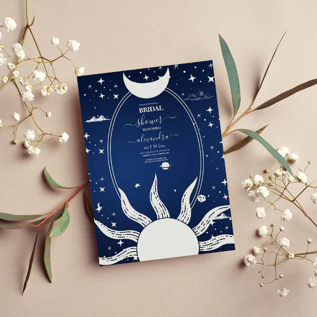 Mystical Blue and Silver Sun Moon Invitation | Zazzle