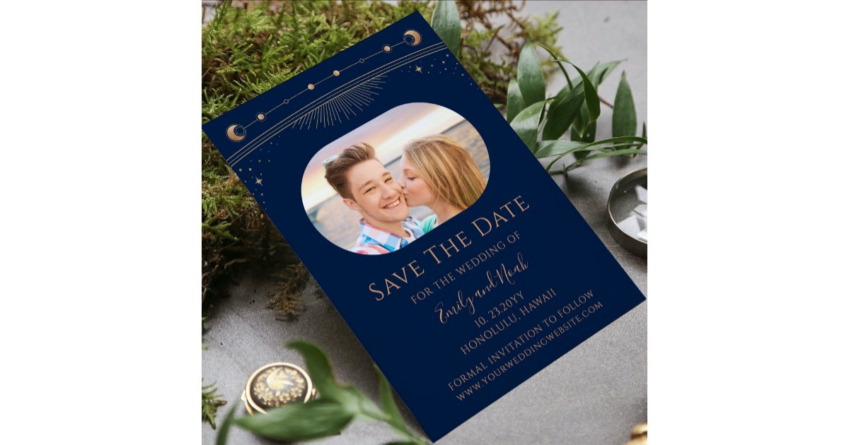 Mystical Blue Gold Sun Moon Star Space Save The Date | Zazzle