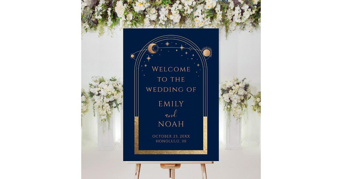 Mystical Blue Gold Sun Moon Stars Welcome Sign | Zazzle