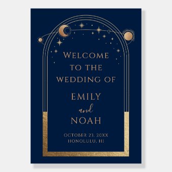 Mystical Blue Gold Sun Moon Stars Welcome Sign | Zazzle