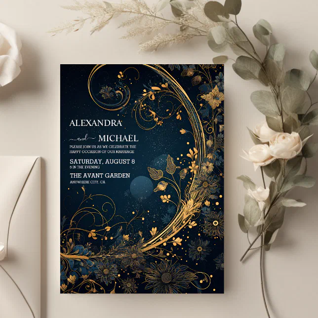 Mystical Blue Midnight Gold Celestial Wedding Invitation | Zazzle