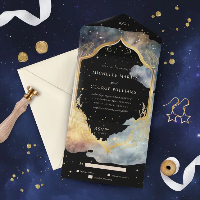 Mystical Celestial Blue Wedding All In One Invitation | Zazzle