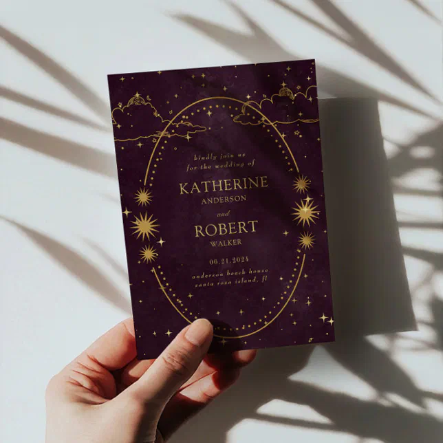Mystical Celestial Gold Moon Star Burgundy Wedding Invitation | Zazzle