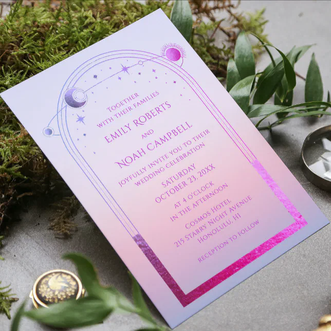 Mystical Chic Sunset Pink Star Moon Photo Space Invitation | Zazzle