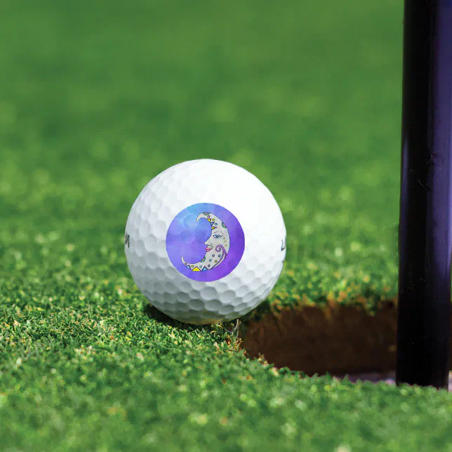 Mystical Crescent Moon Face Pretty Markings Purple Golf Balls | Zazzle